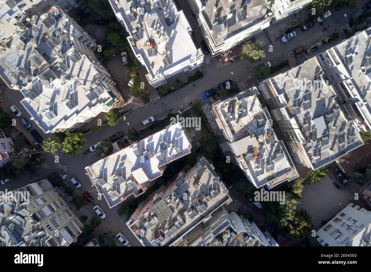 Aerial view of roofs of high-rise buildings with solar panels Stock ...