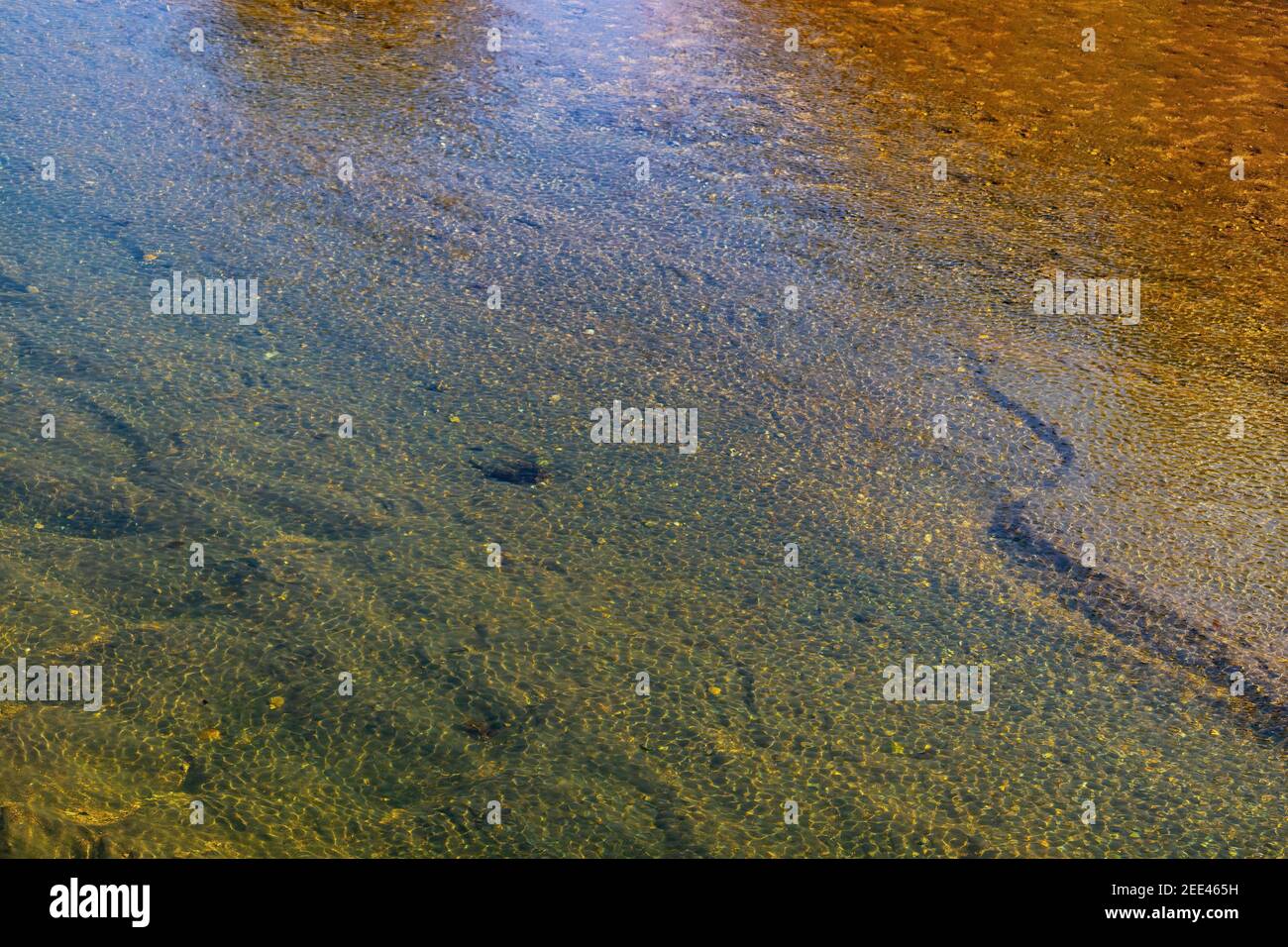 Crystal clear water flows through a shallow river, revealing streaks of ...