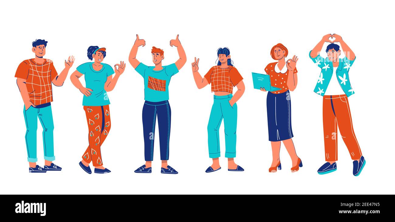 Business team or students group stands with greeting gestures, cartoon ...