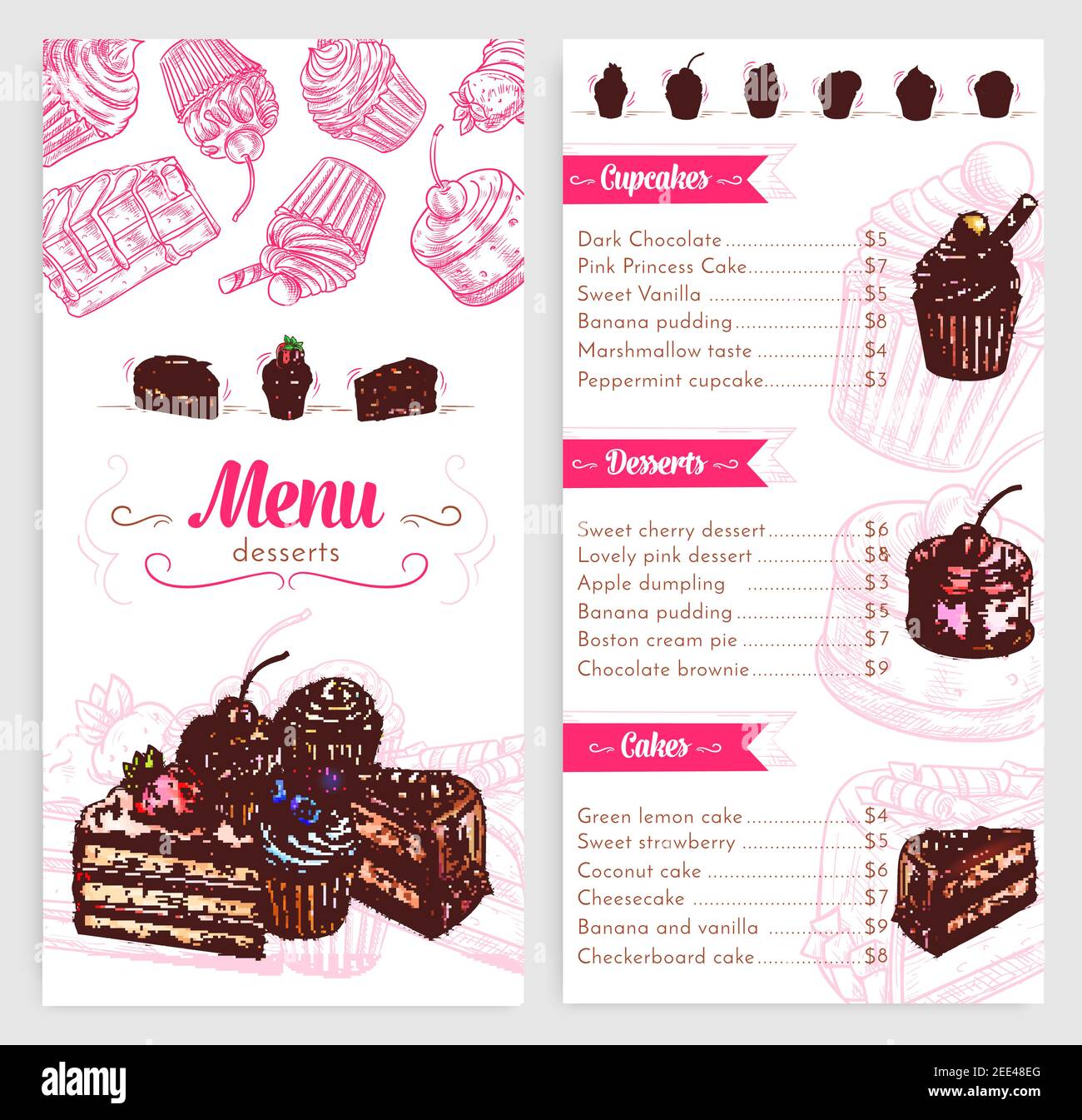 Desserts and pastry vector menu template. Price design for sweet ...