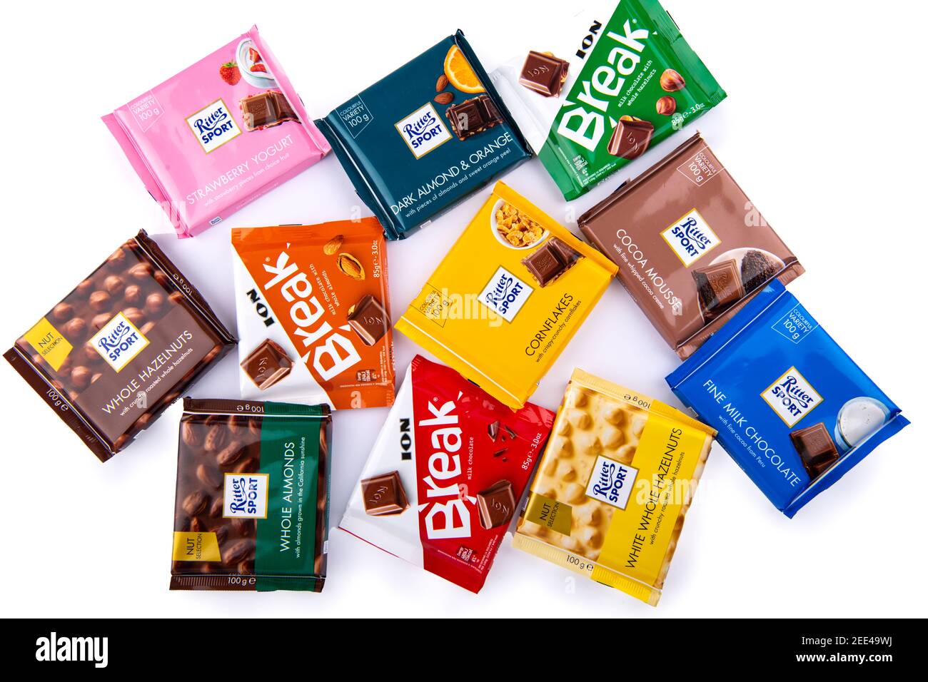 Packets of various chocolates in isolated background Stock Photo - Alamy