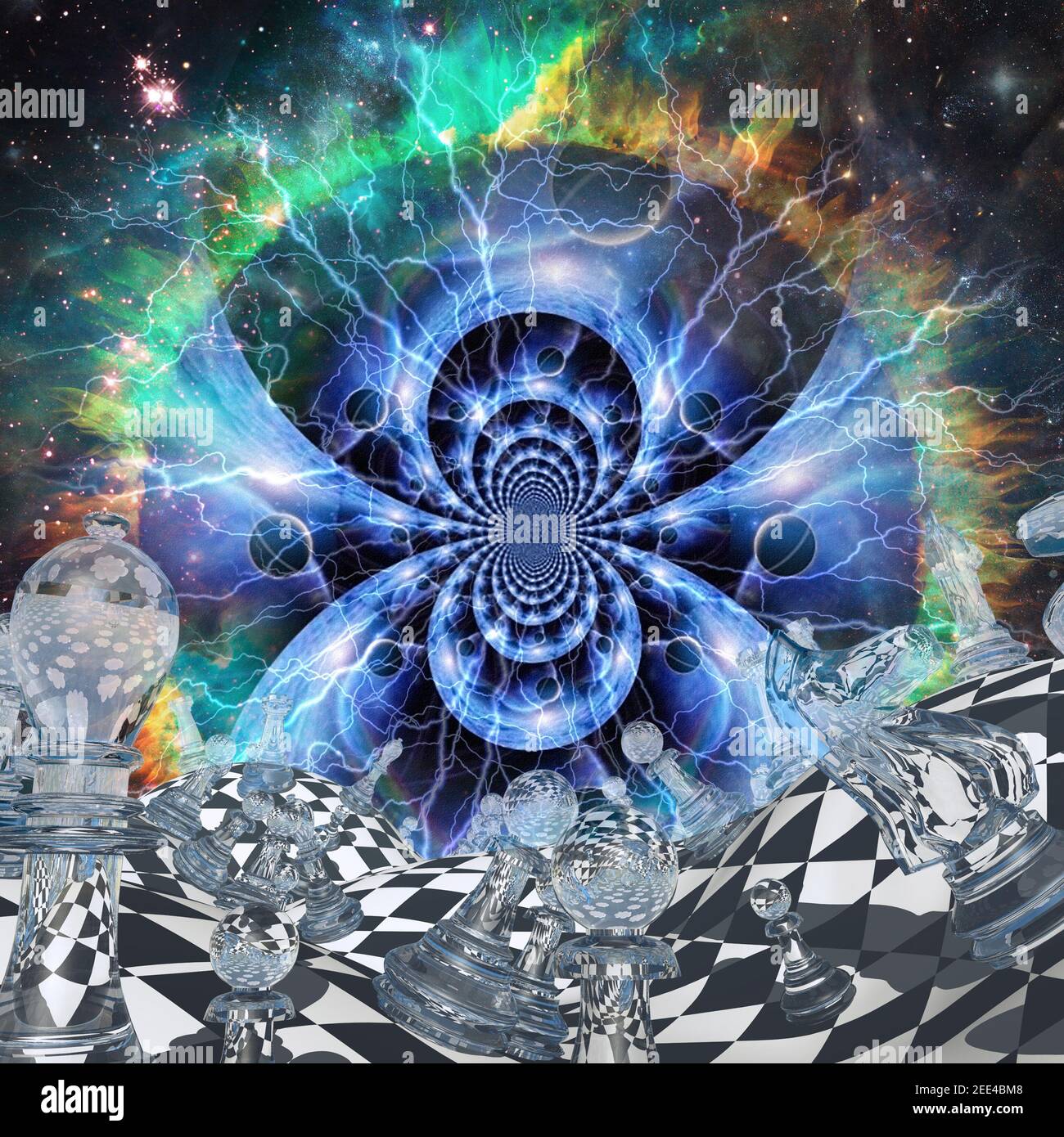 Surreal chess and space fractal. 3D rendering Stock Photo - Alamy