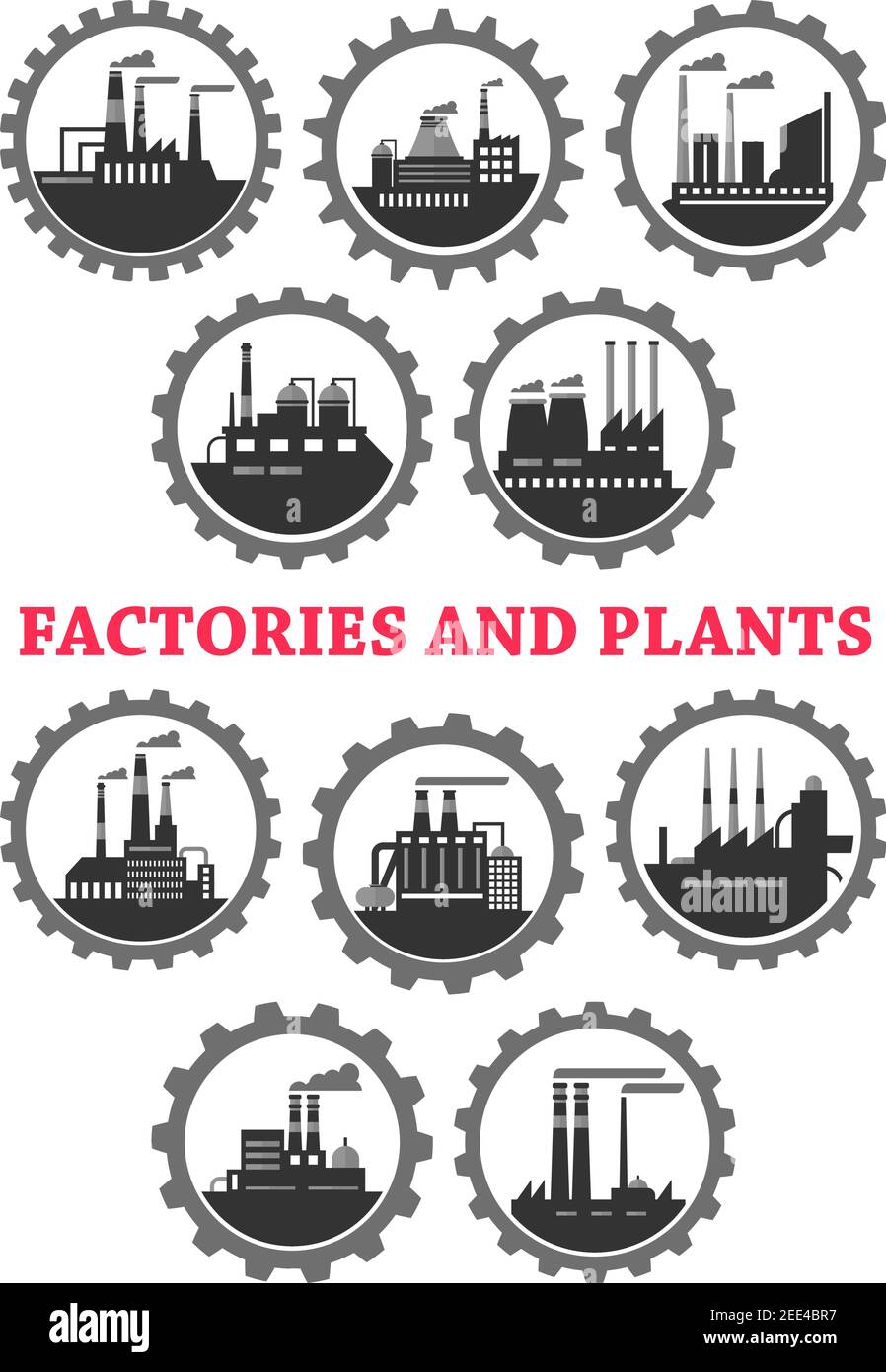 Factory or plant industrial icons in cogwheel. Vector symbols set ...