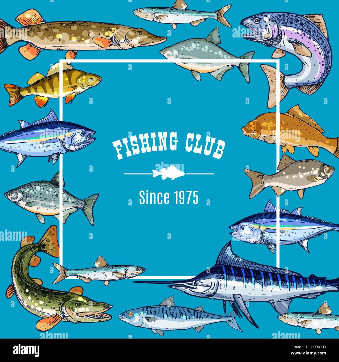 Fishing club vector sketch poster for fisher members. Frame retro ...