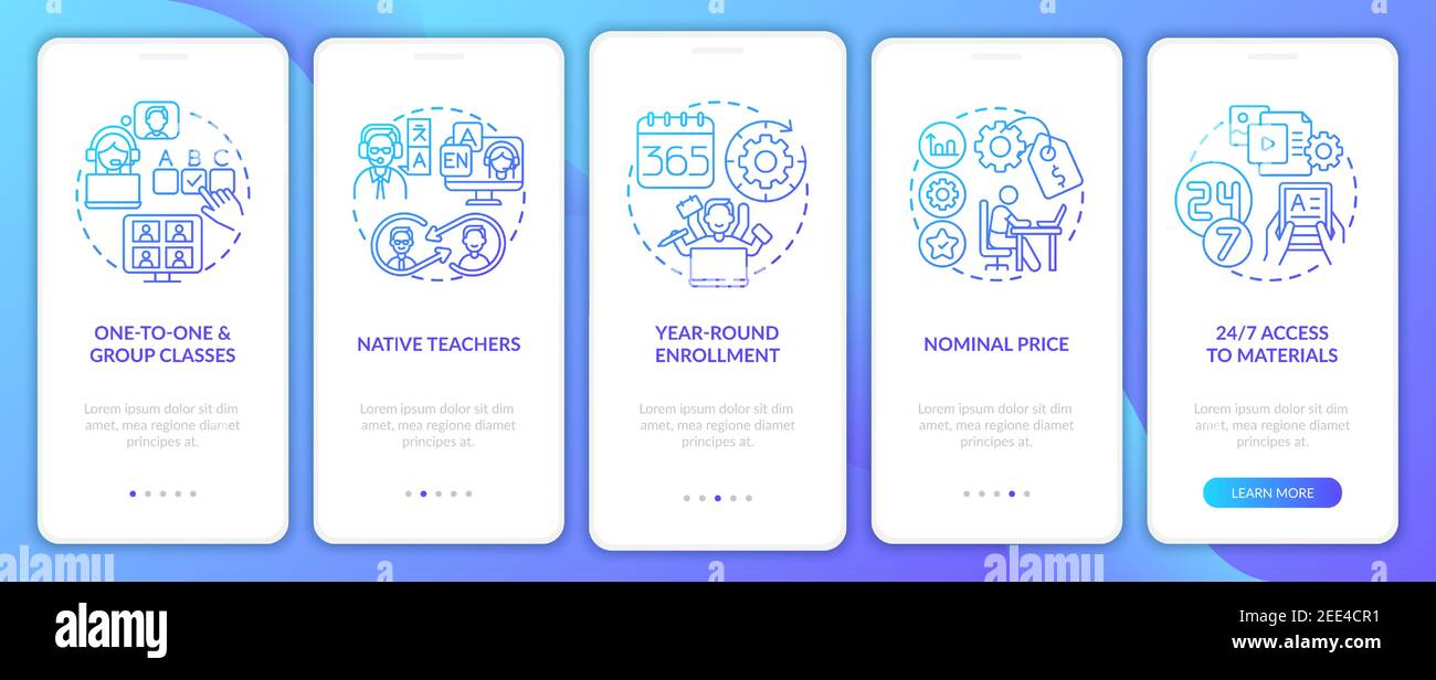 Digital language courses benefits onboarding mobile app page screen ...