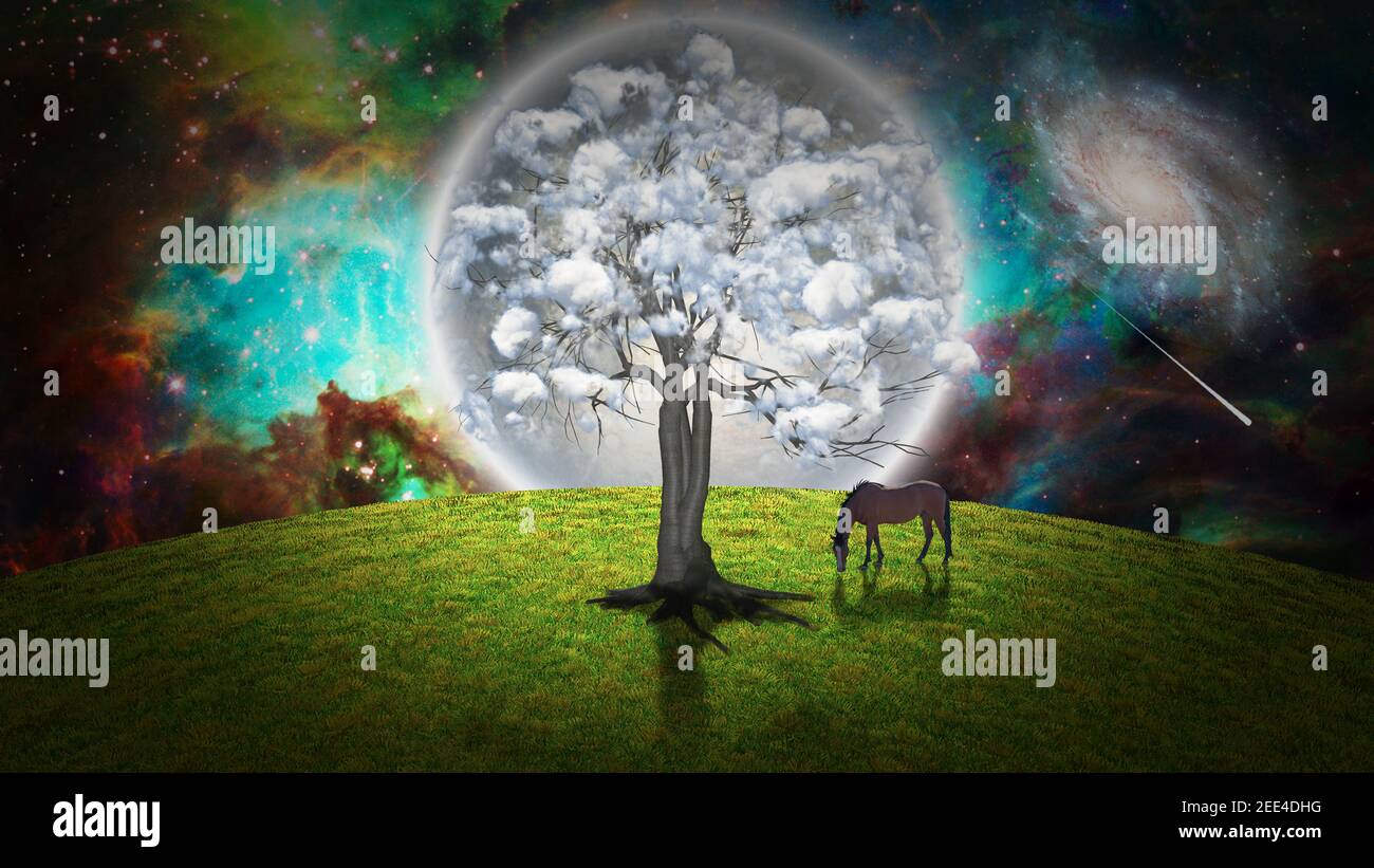 Surreal nature. Tree with clouds. 3D rendering Stock Photo - Alamy