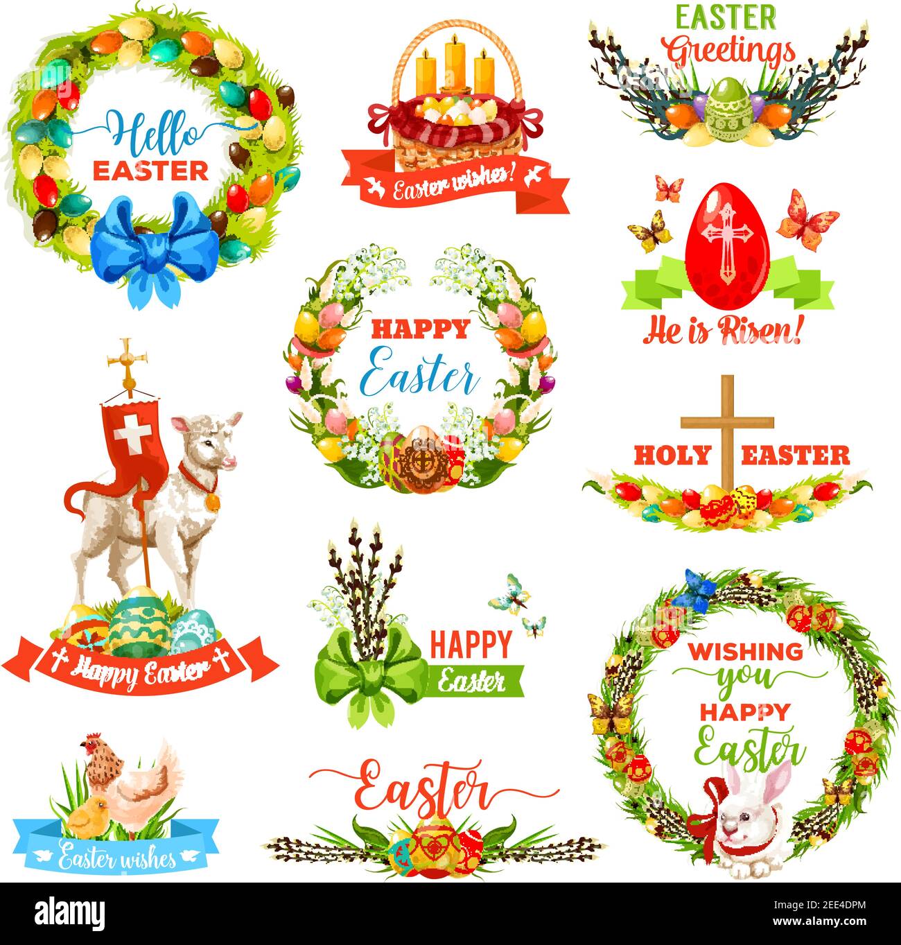 Easter icon set with holiday symbols. Easter egg, rabbit bunny, spring ...