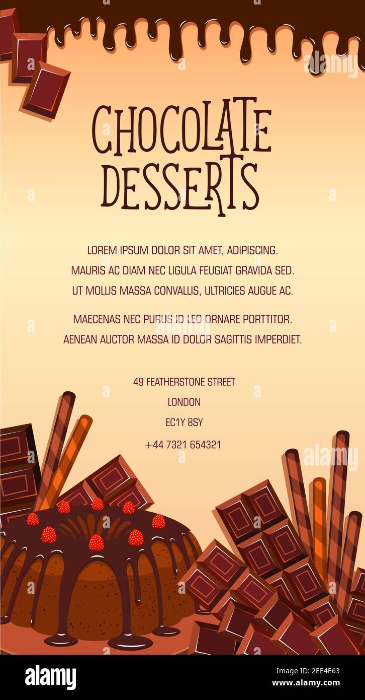 Chocolate desserts vector poster. Confectionery sweets and pies, tortes ...