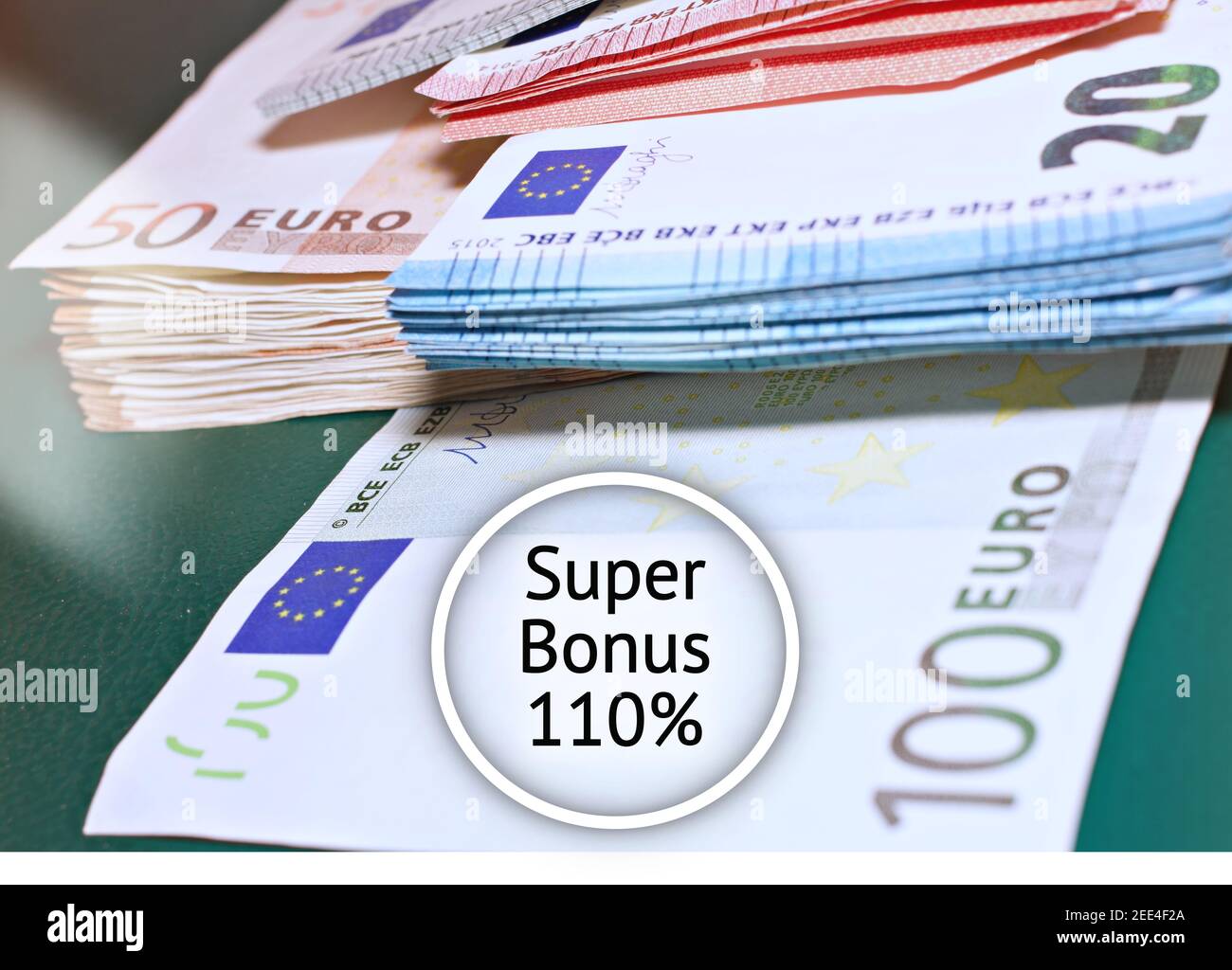 euro banknotes with the sign "super bonus 110 Stock Photo - Alamy
