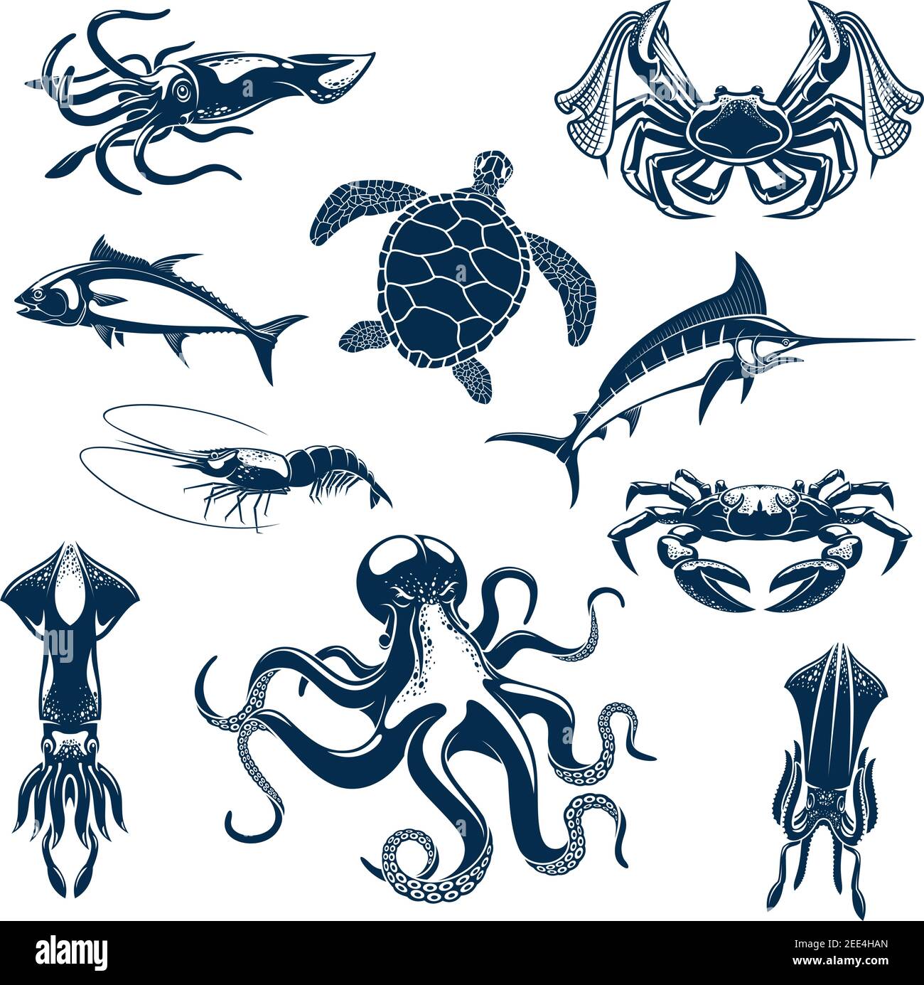 Fishes, sea o ocean animals vector icons. Turtle, marlin or tuna, crab ...