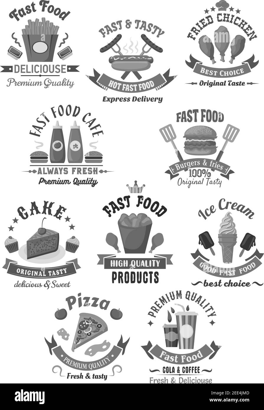 Fast food snack and dessert for menu or restaurant signs. Burgers, hot ...