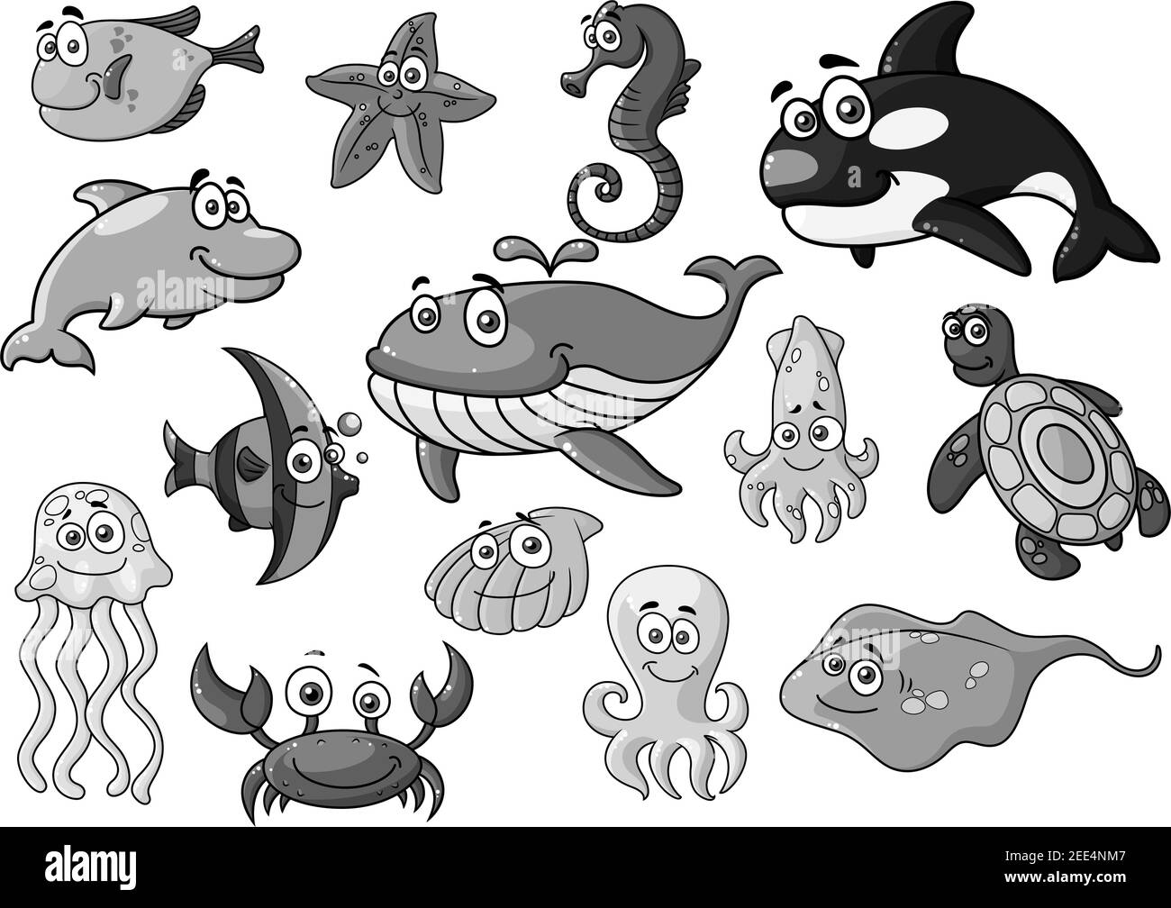 Cartoon sea animals and fishes icons. Orca whale or dolphin, starfish ...