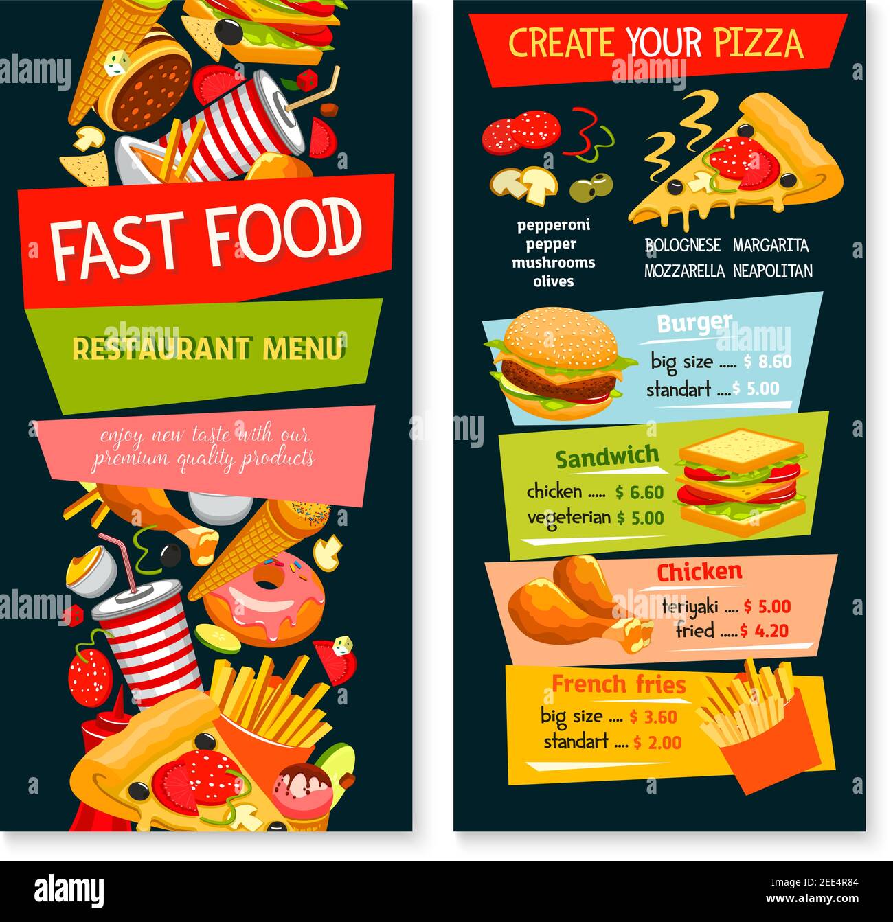 Fast food restaurant vector menu. Price design with fastfood snacks ...
