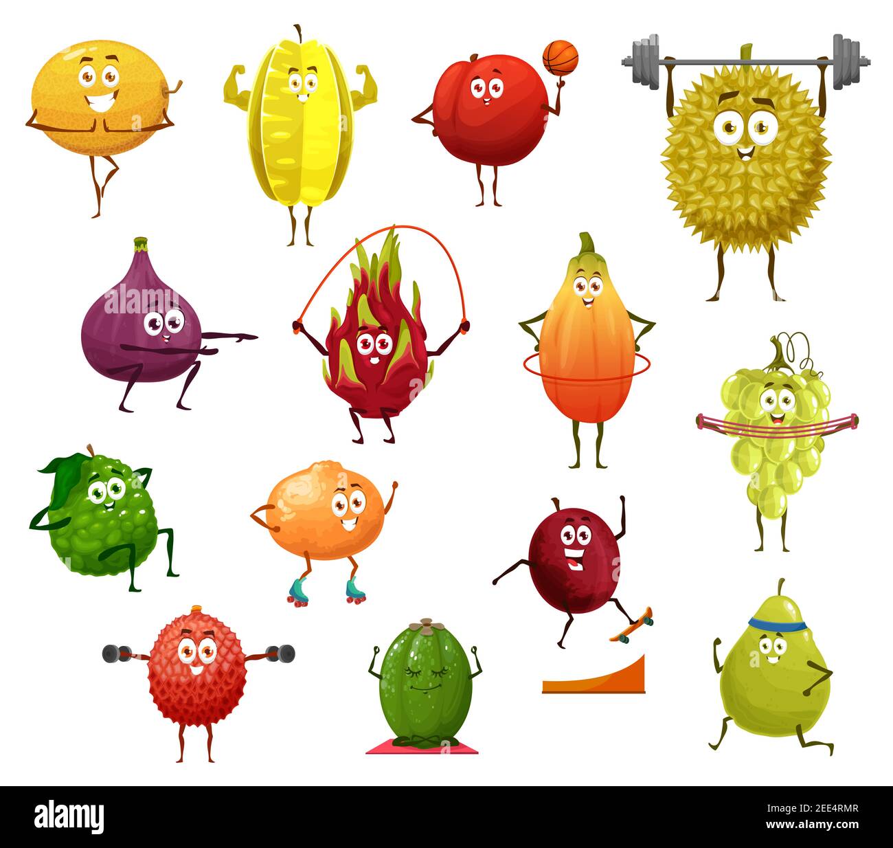 Exotic fruit cartoon characters doing sport exercises. Vector fresh ...