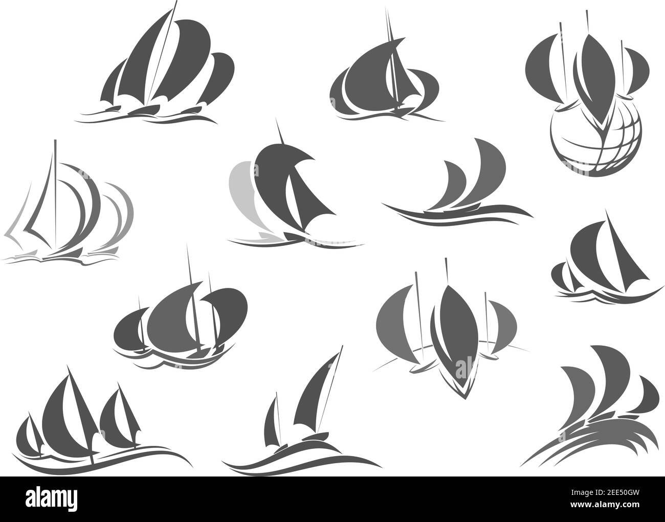 Sailboat or yacht on sails icons. Sailing ship vessel on ocean waves ...