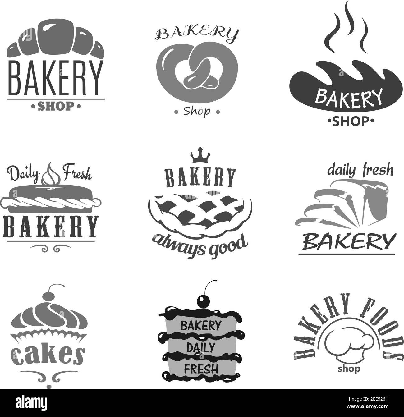 Bakery shop or patisserie template icons. Vector symbols of bread buns ...