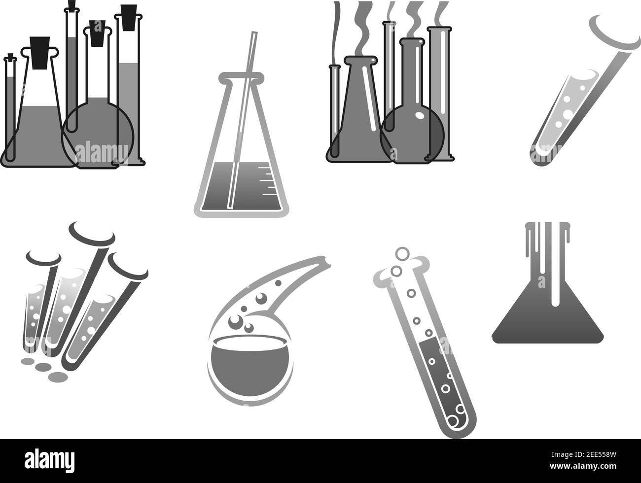 Chemistry and chemical tubes and vials icons. Chemical glass bottles ...
