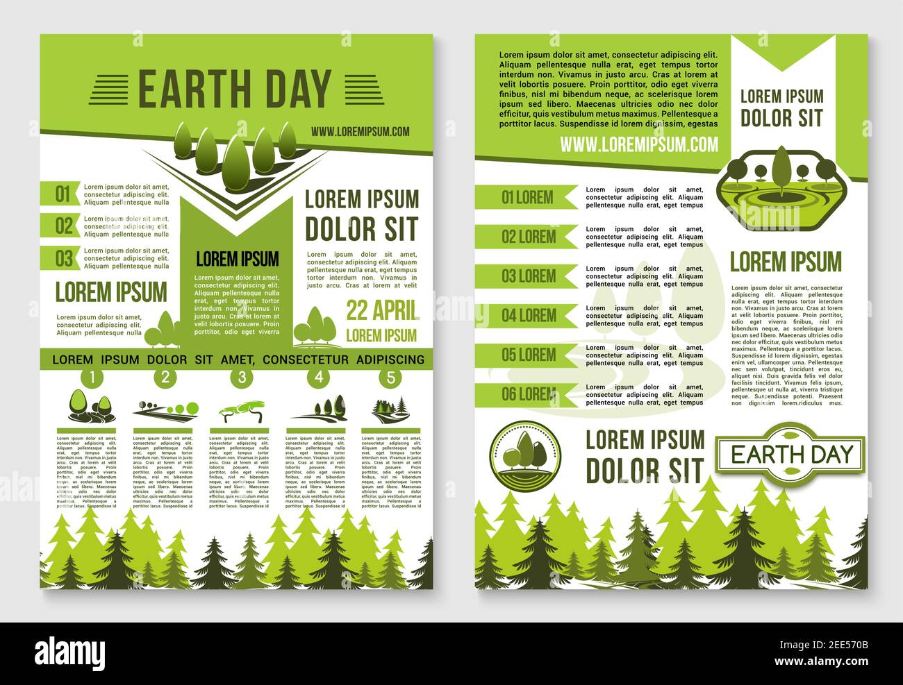 Earth Day information brochure template. Green tree and plant symbols ...