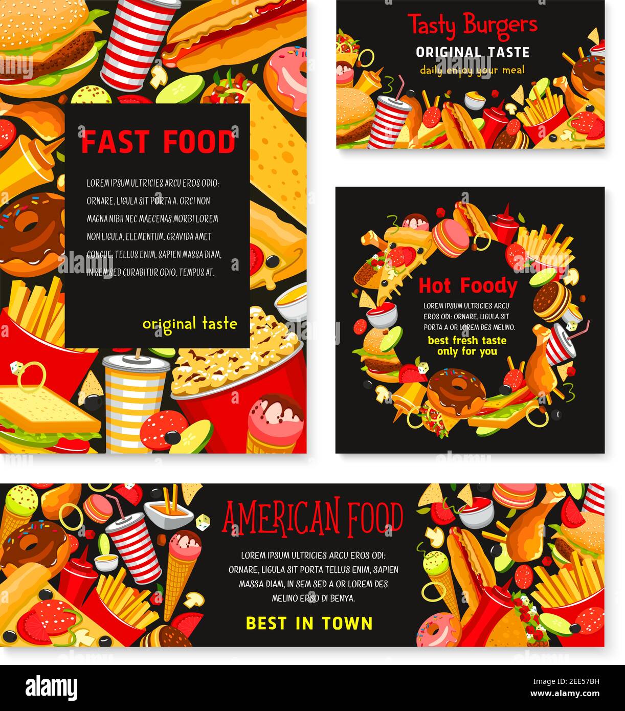 Fast food vector banners and posters set for restaurant. Templates set ...