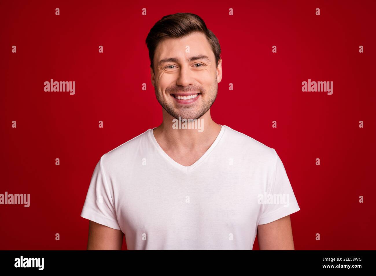 Photo of satisfied candid young person kind smile look camera isolated ...