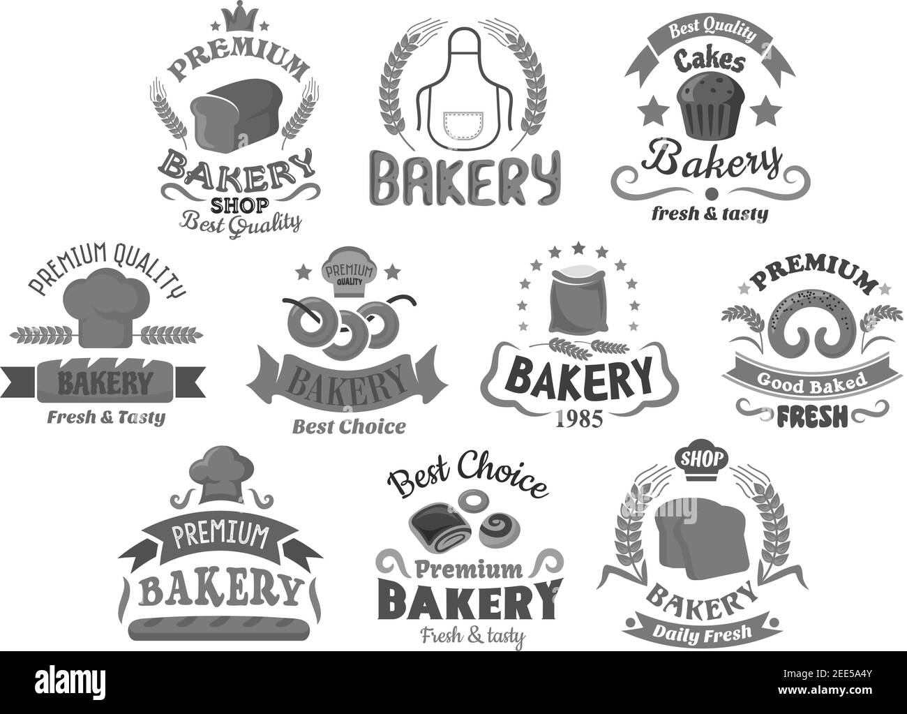 Bakery shop and pastry icons. Wheat and rye bread bagels and loafs ...