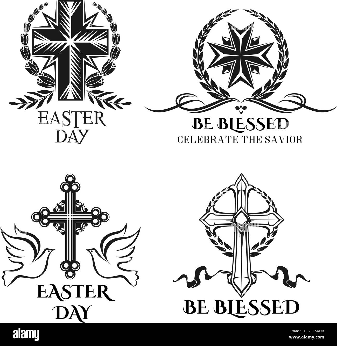 Easter icons and crucifix cross ornate symbols, doves and paschal ...