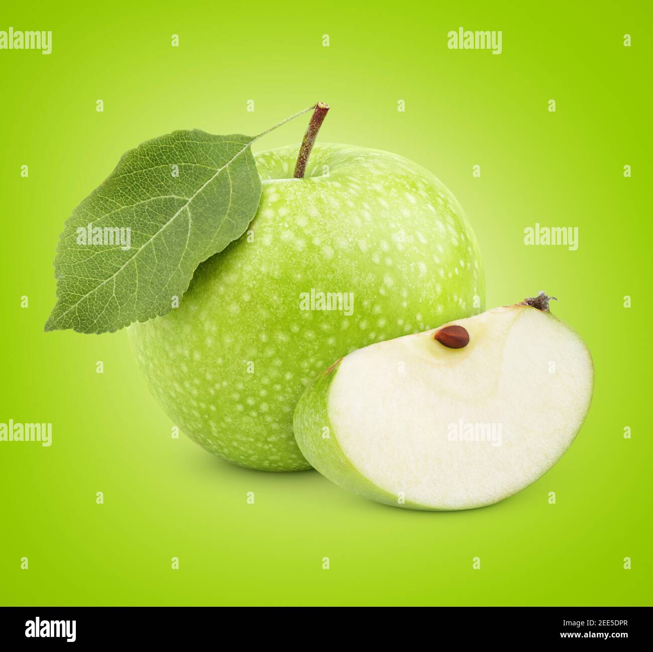 Ripe green apple with leaf and slice with clipping path Stock Photo - Alamy