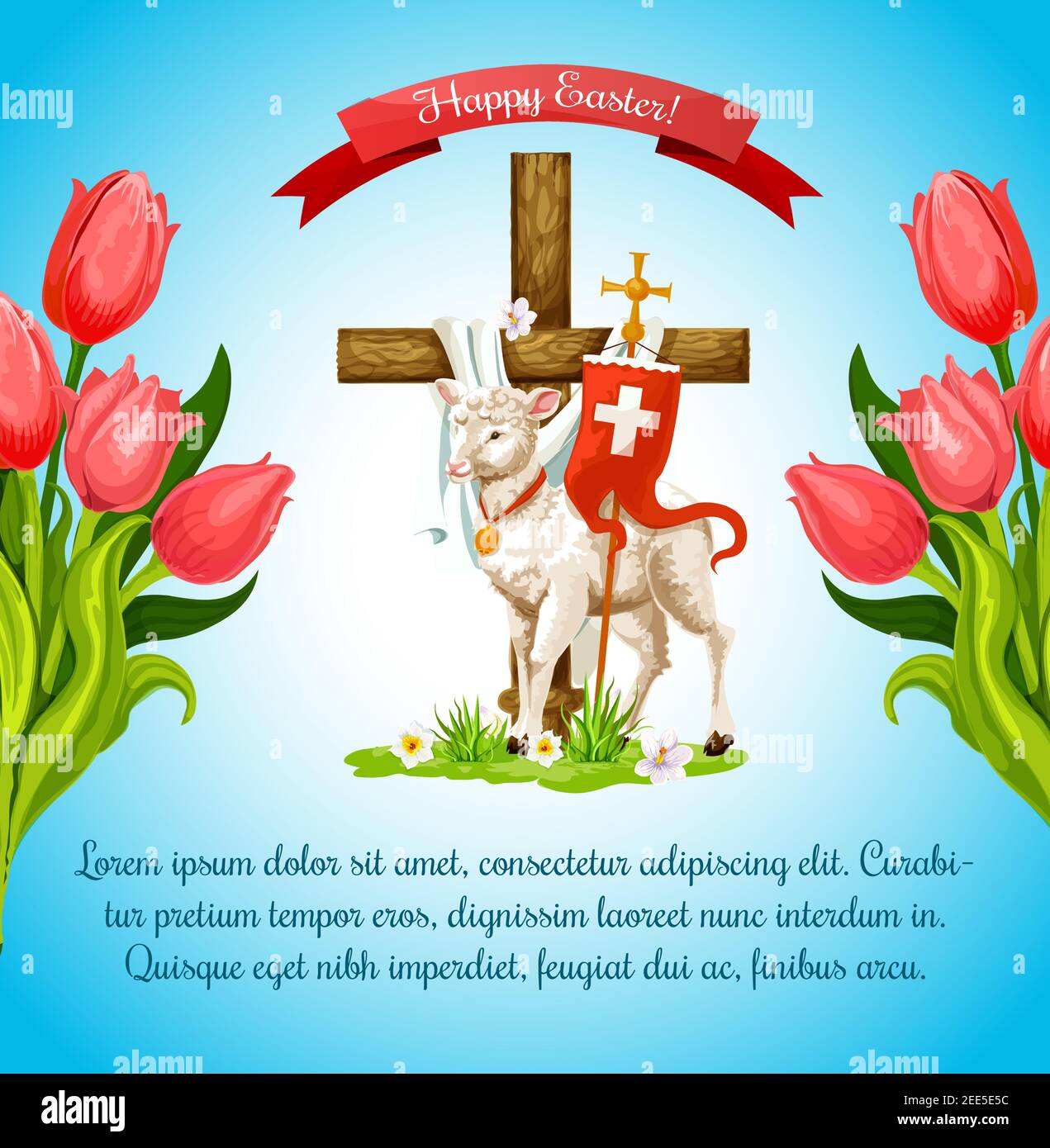 Easter cross cartoon greeting poster template. Crucifix with lamb of ...