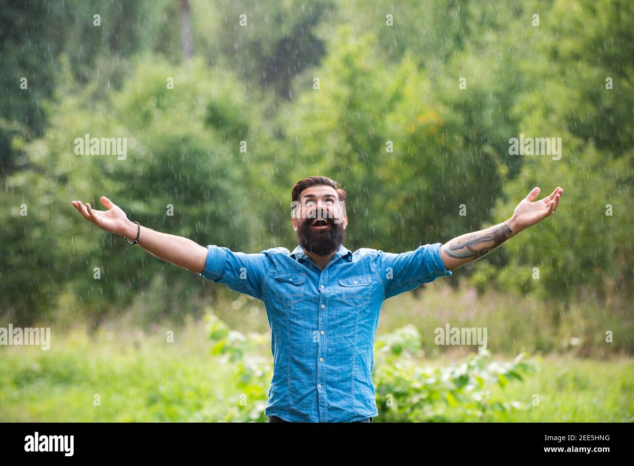 Man Raining Outside Positive Thinking Stormy Weather Meditating In