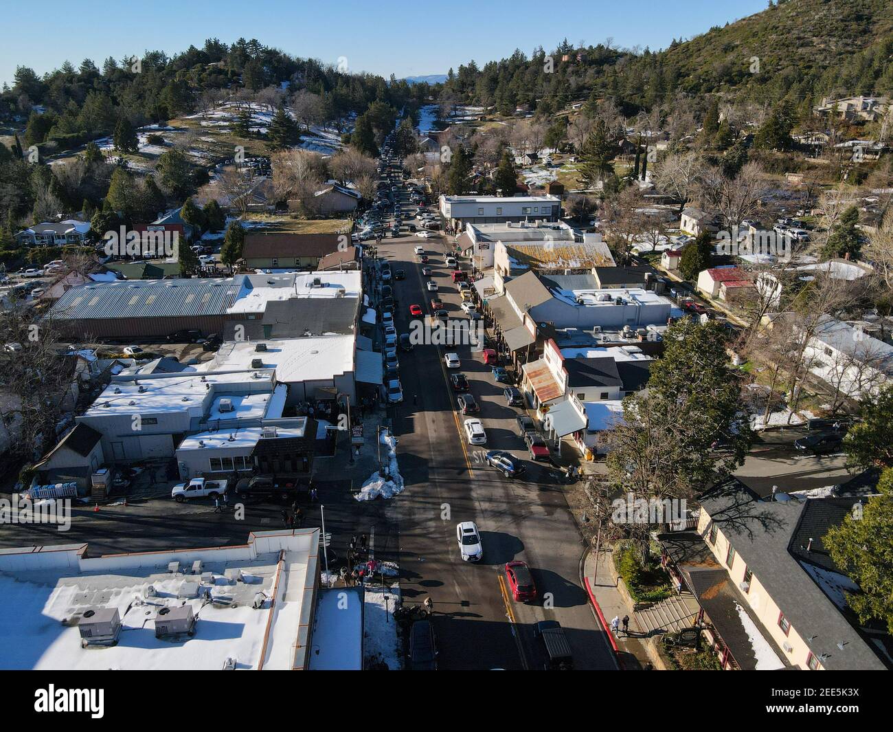 Aerial view of historic Downtown City of Julian during snow day. Famous ...