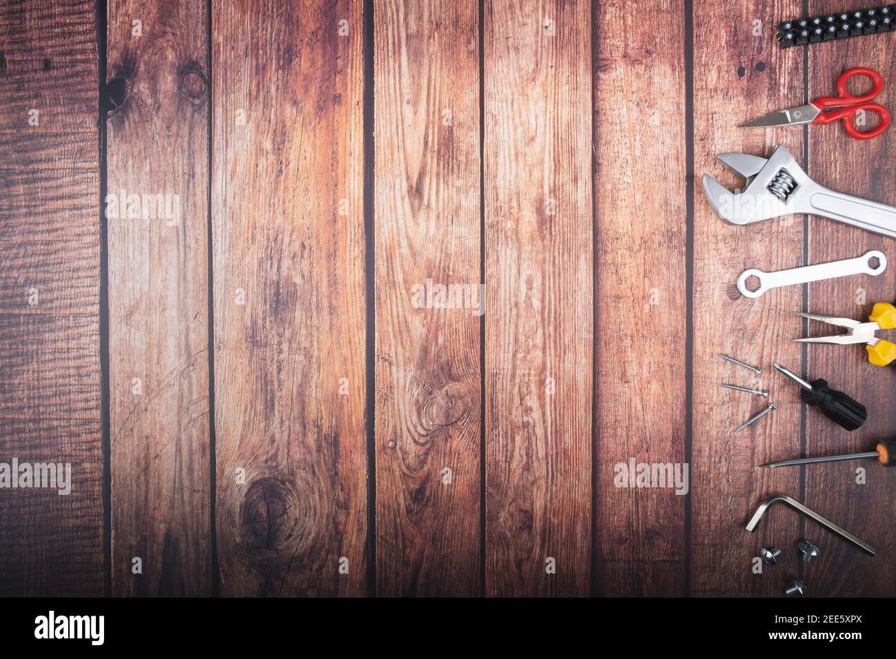 working tools on dark wood background with space for text Stock Photo ...