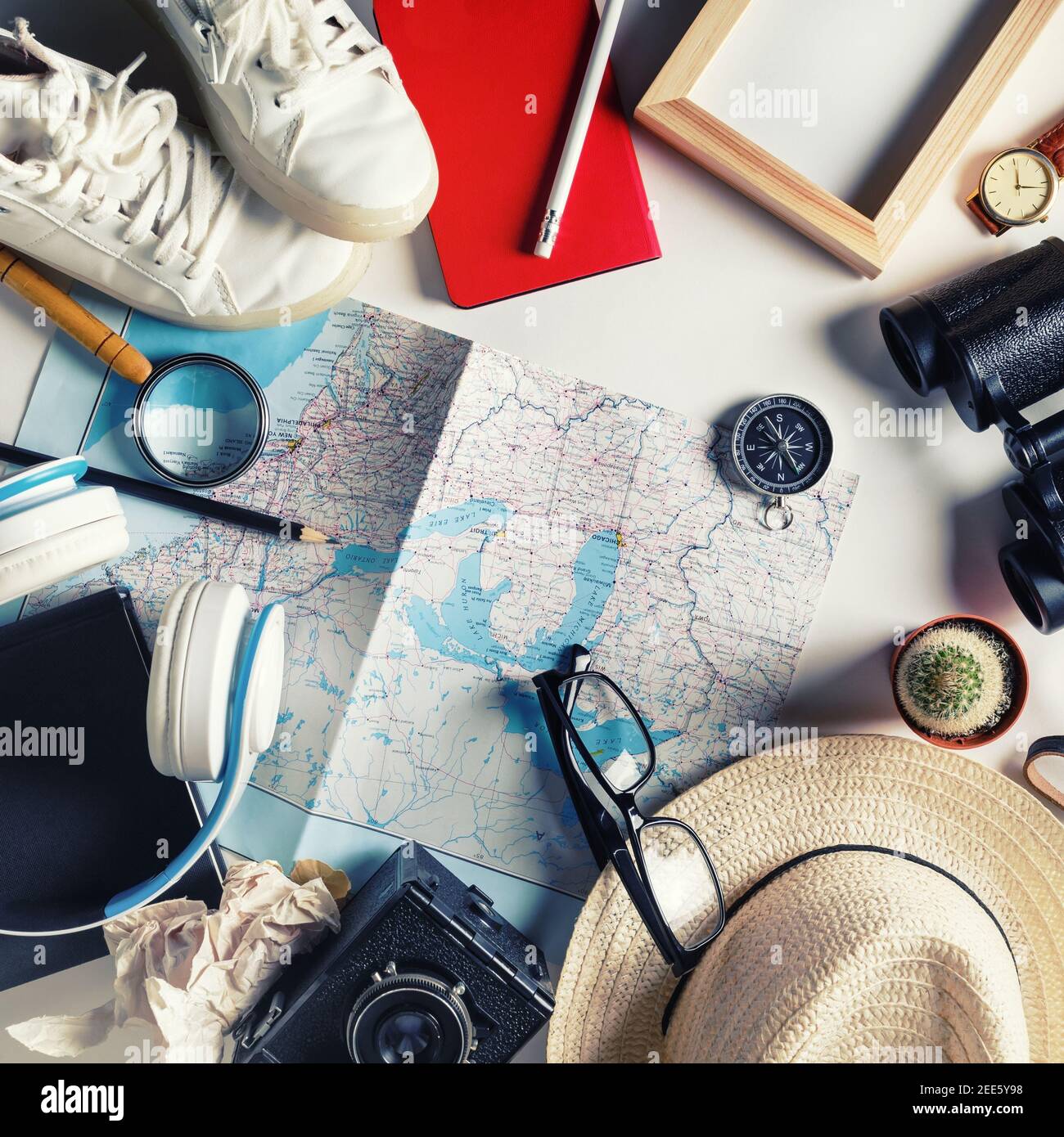 Planning vacation trip with map. Stuff for travel. Top view. Flat lay ...