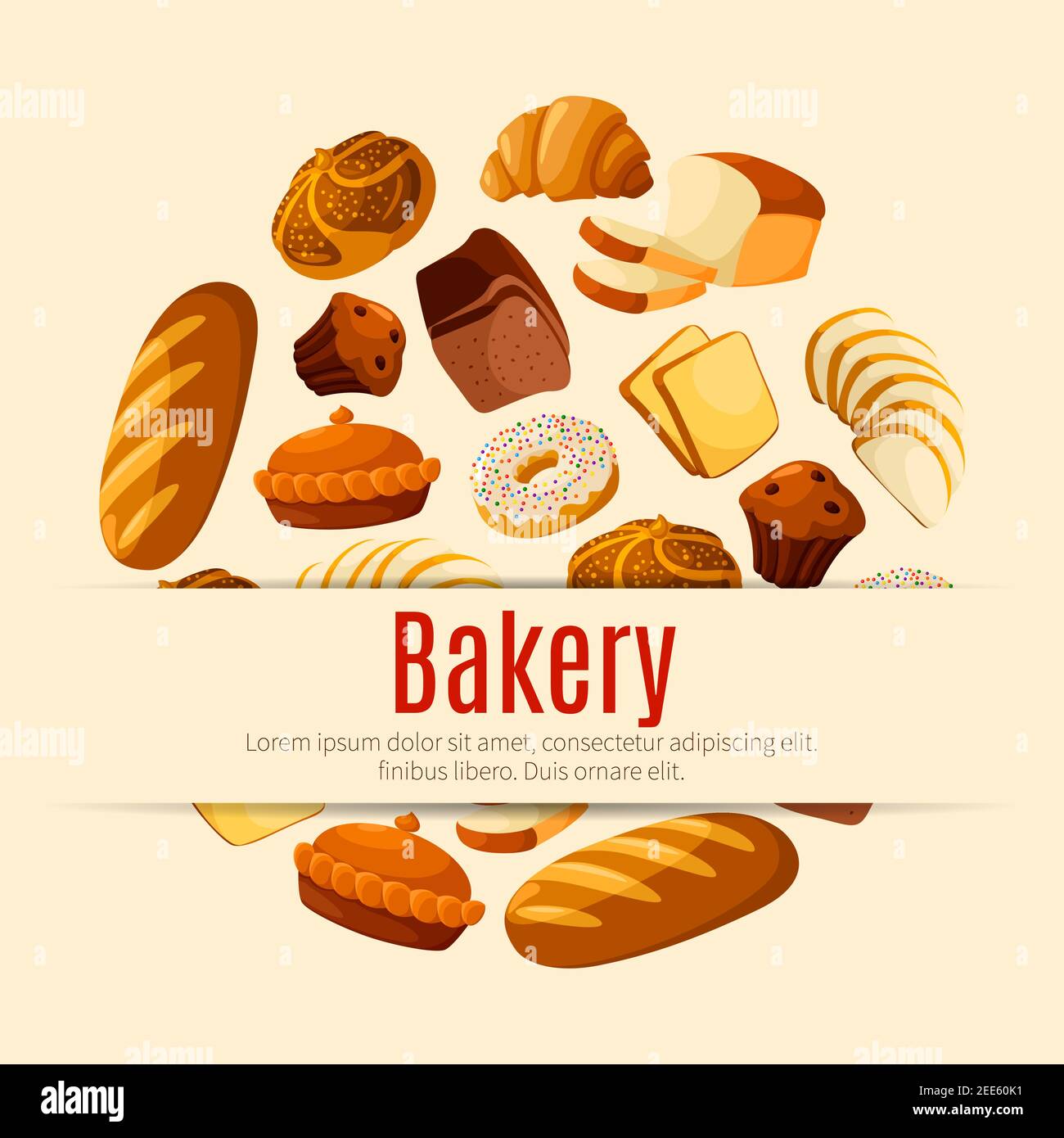 Bakery product poster. Bread and pastry round badge with wheat and rye ...