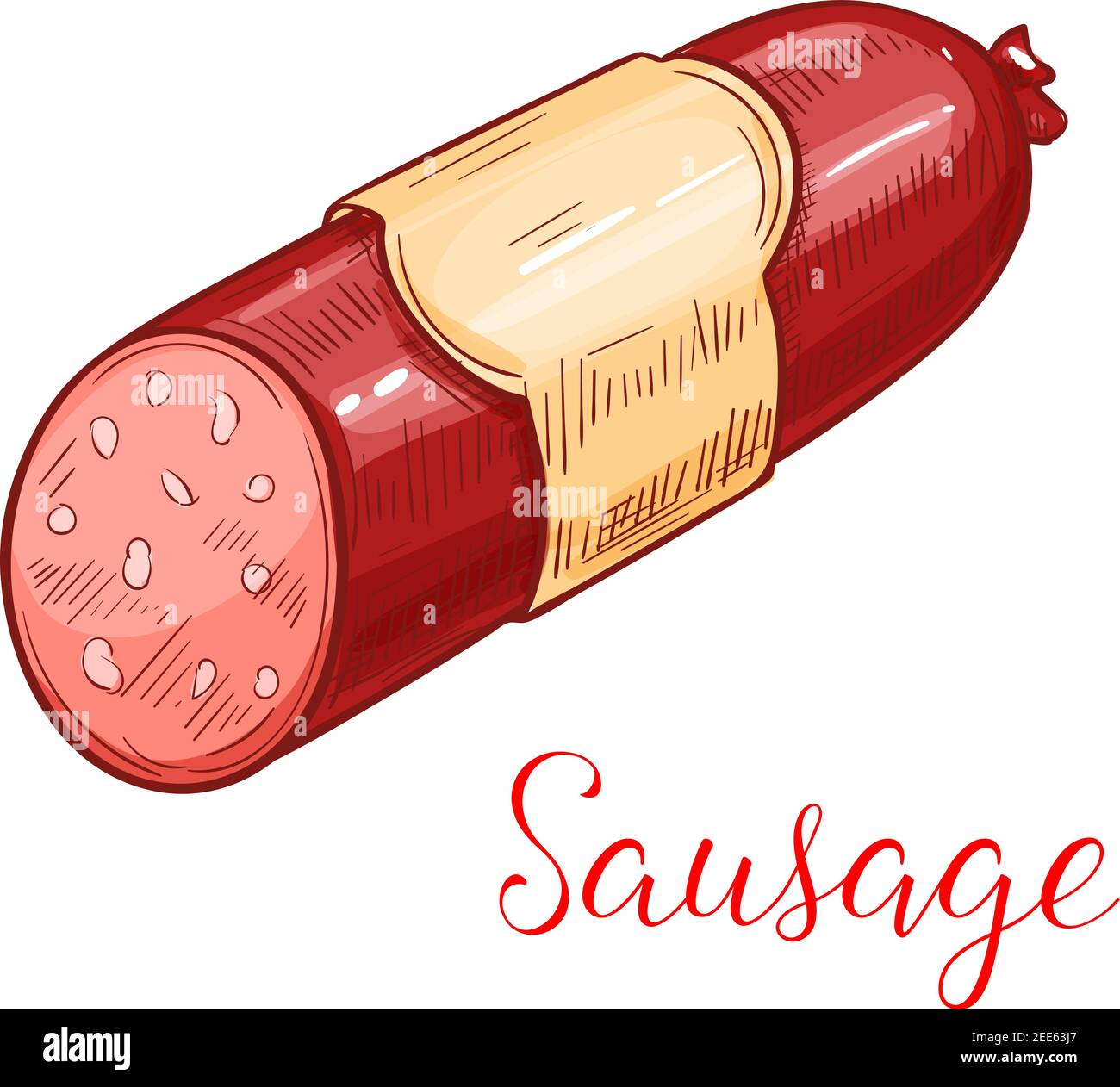 Sausage isolated sketch. Salami or pepperoni sausage with cured beef or ...