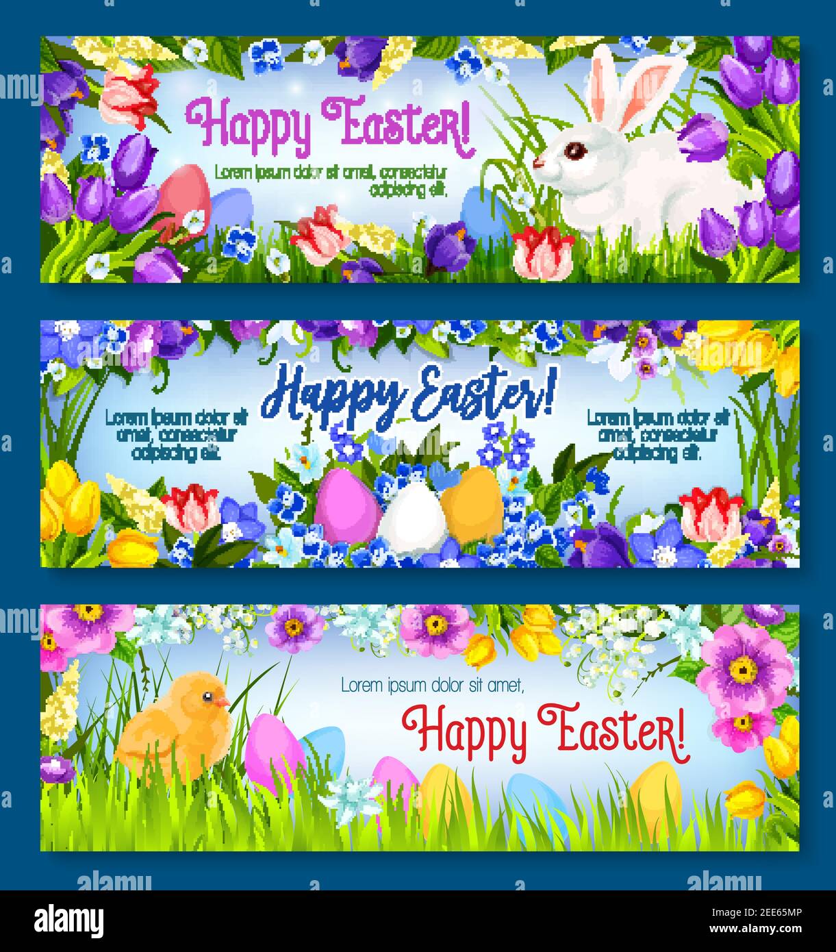 Happy Easter greeting banners set. Vector paschal hunt design of eggs ...