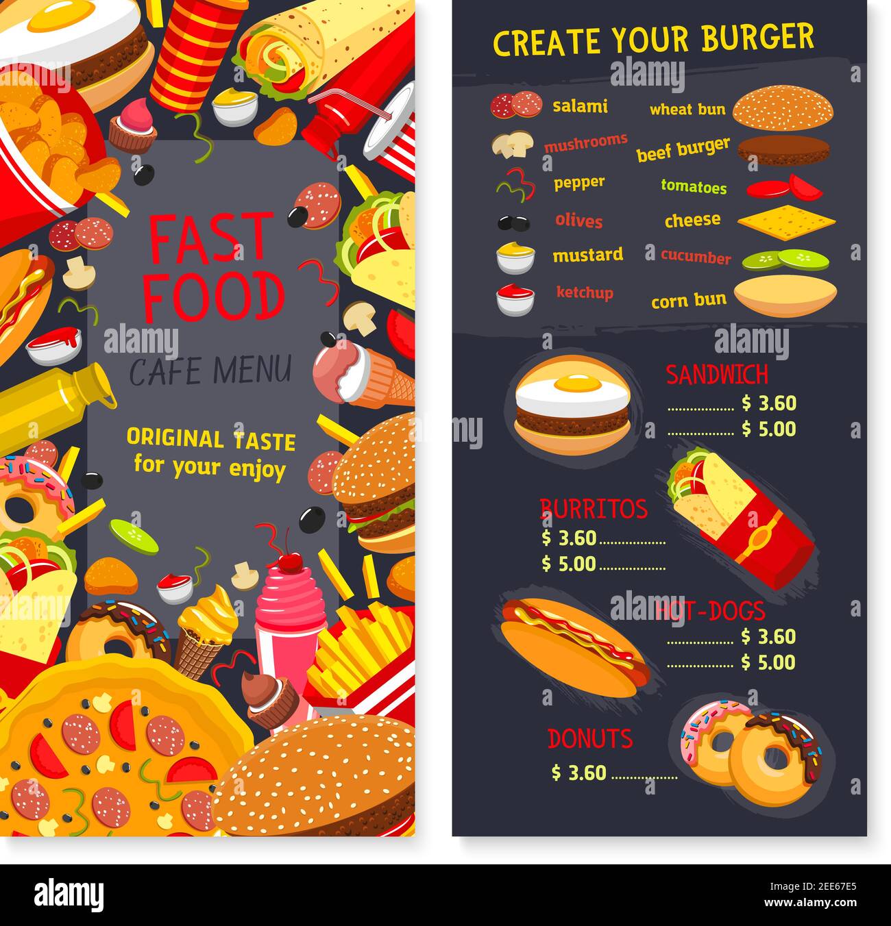 Fast food menu for restaurant. Vector price for combo meals, snacks and ...