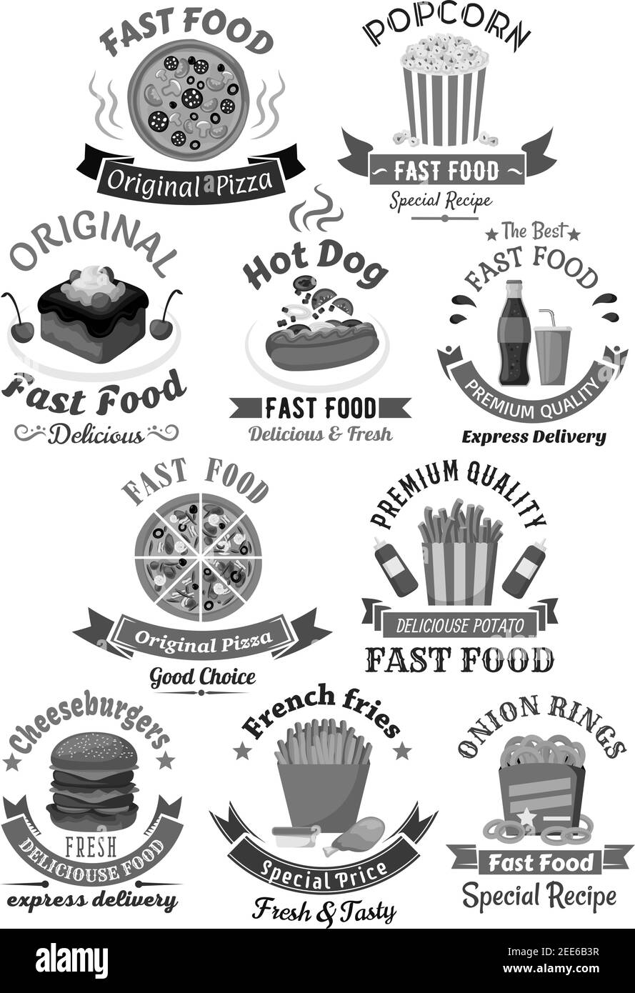 Fast food icons and badges for menu or restaurant signs. Vector set of ...