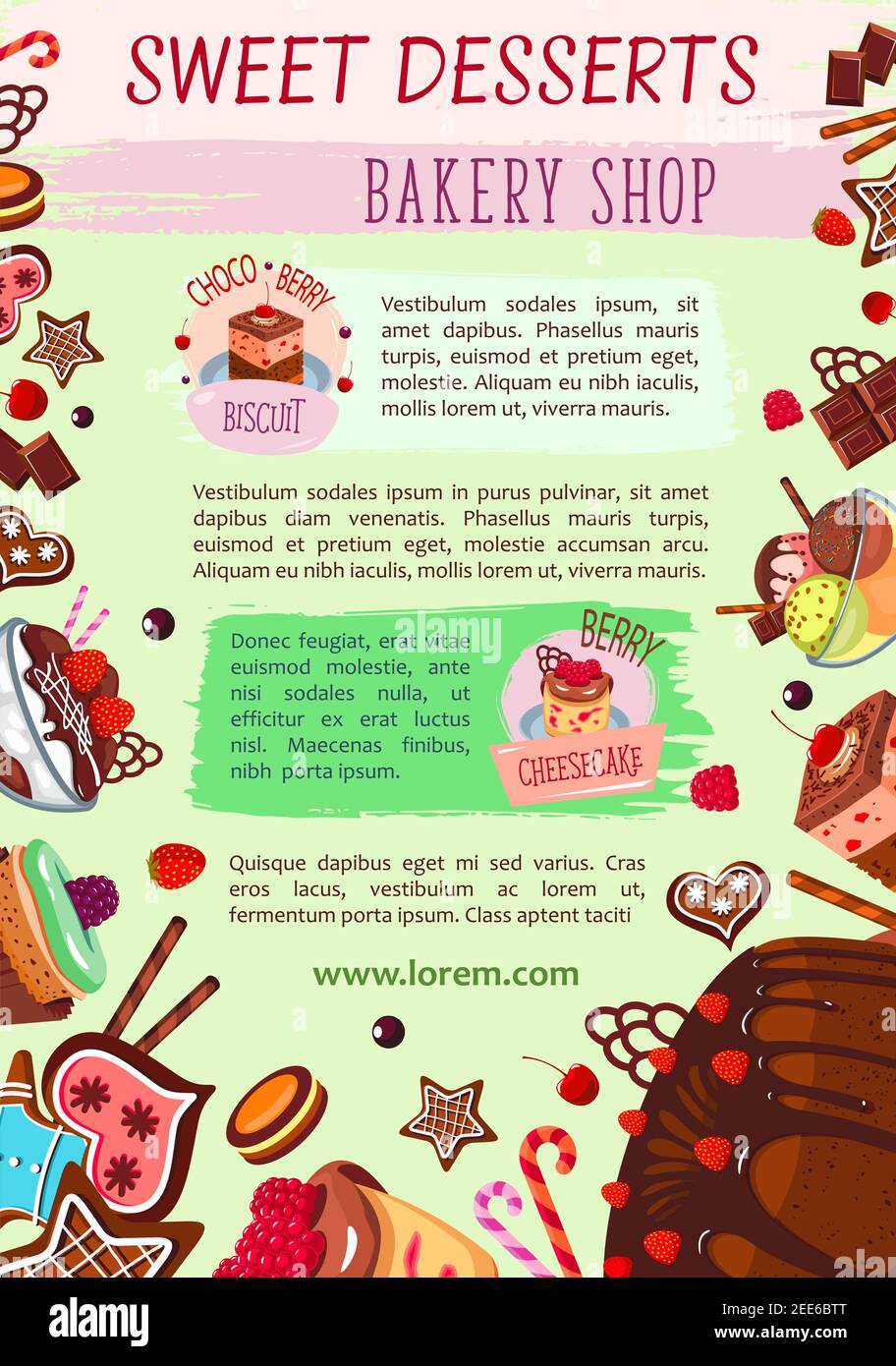 Bakery desserts poster template. Pastry cakes and biscuits, pudding ...