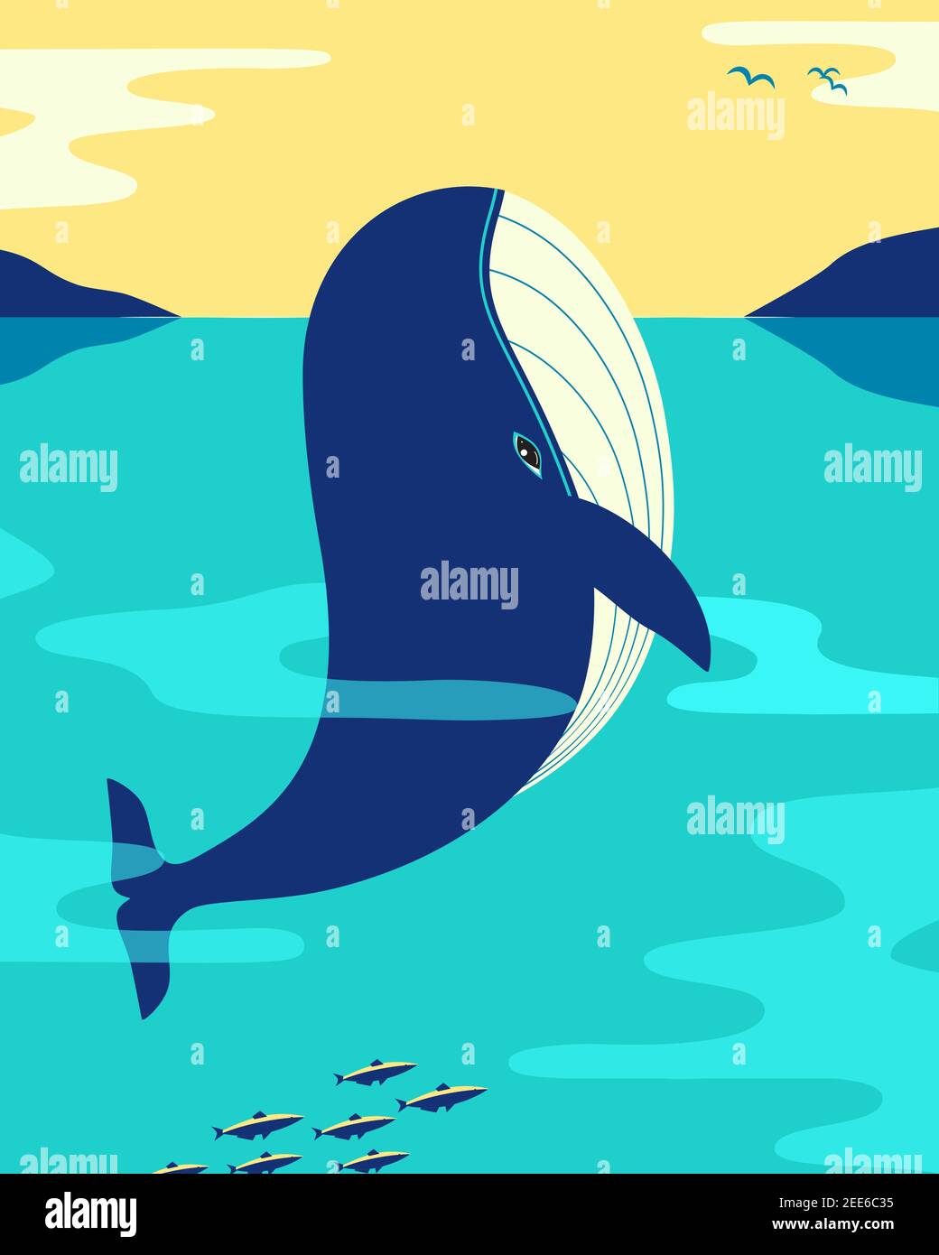 Blue Whale in ocean minimalist flat color vector poster Stock Vector ...