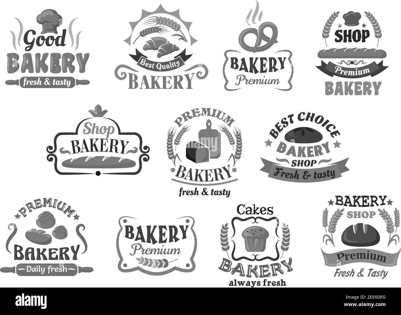Bakery bread and cakes icon templates of bagel buns and loafs or wheat ...