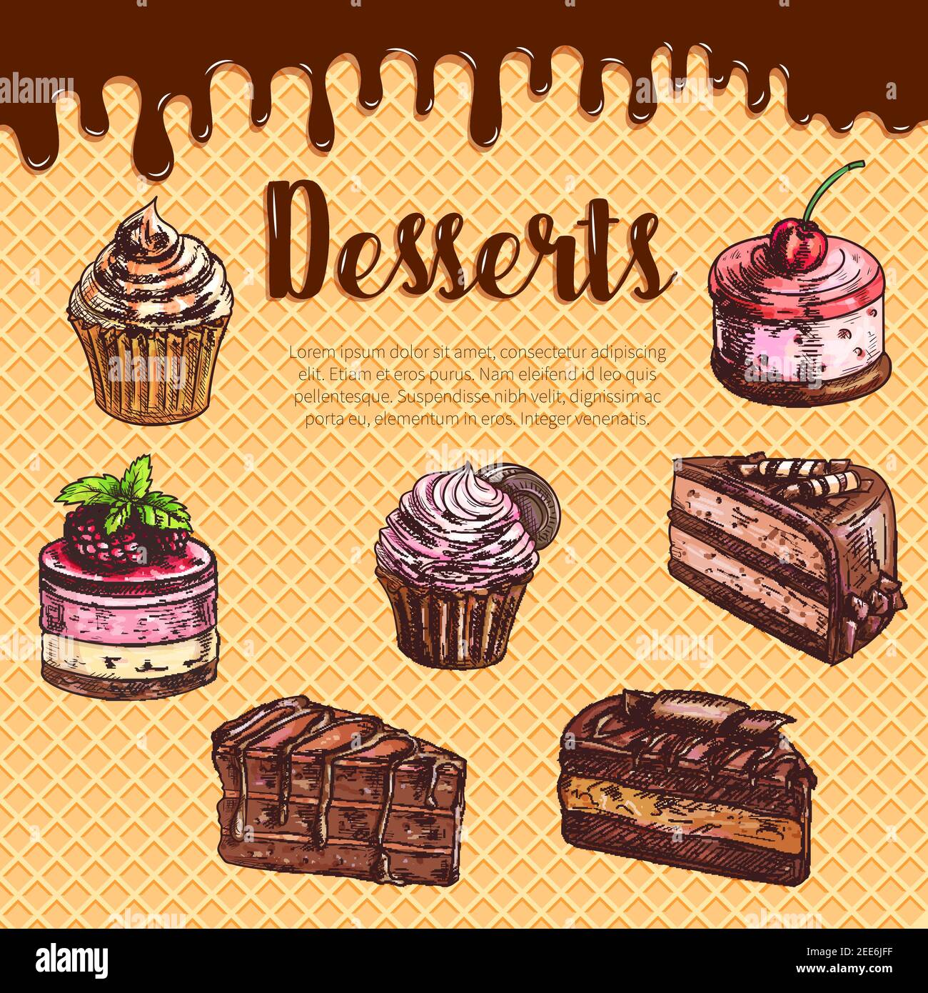 Cake dessert menu poster with waffle texture and flowing chocolate on ...