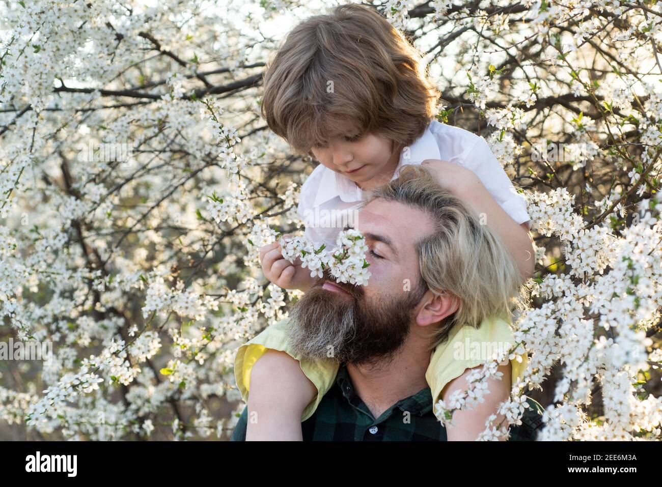 Spring happy family. Child with dad in summer park. Shoulder ride ...