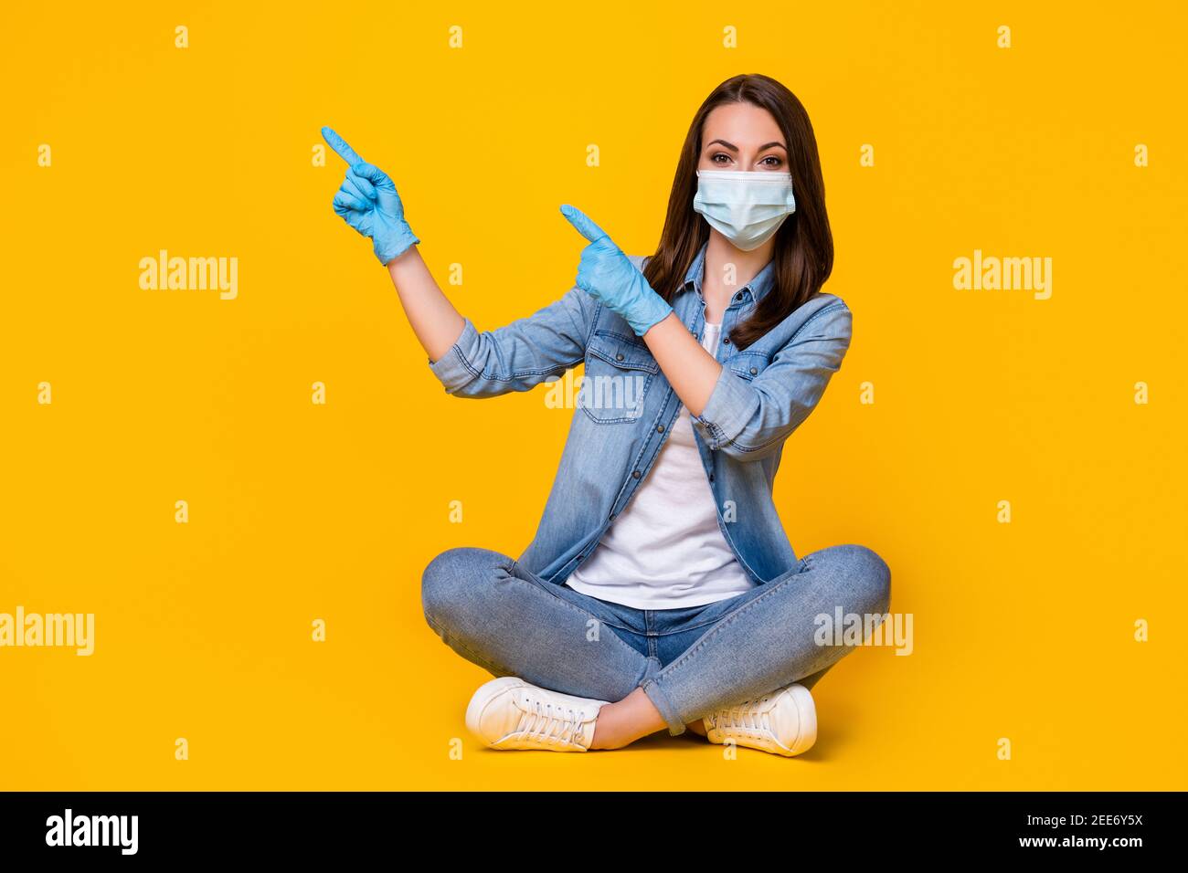 Portrait of her she nice healthy girl sit crossed leg wearing safety ...