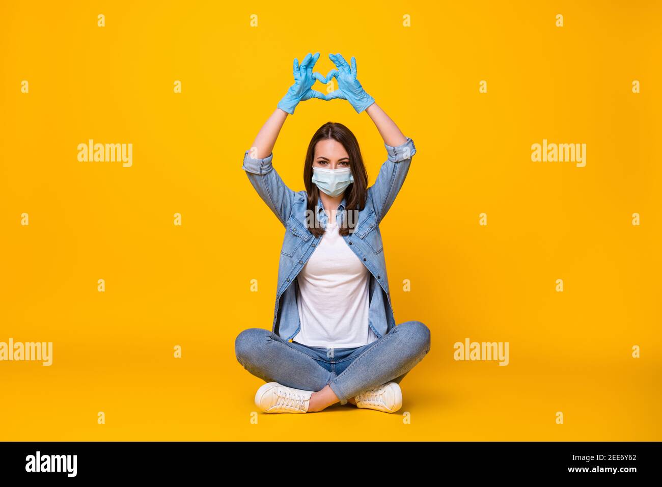 Portrait of her she nice healthy girl sit crossed legs wearing safety ...