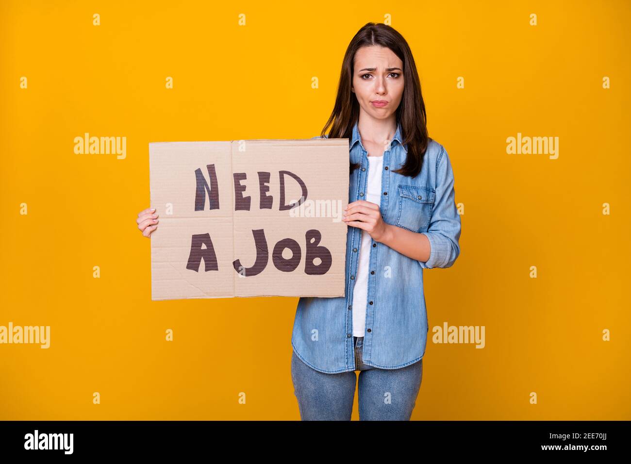 Photo of attractive beautiful young sad unemployed lady bad mood hold ...