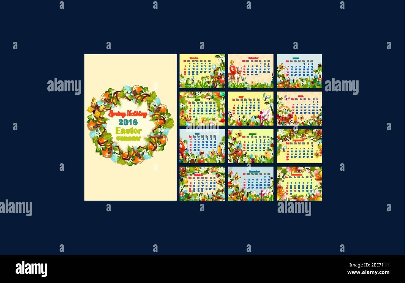 Easter monthly calendar template. Year calendar with Easter egg and ...