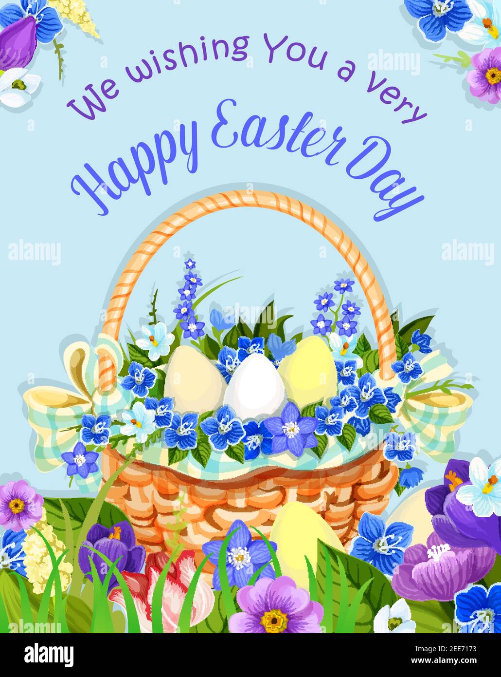 Happy Easter greeting card. Wishes poster with Easter eggs in wicker ...
