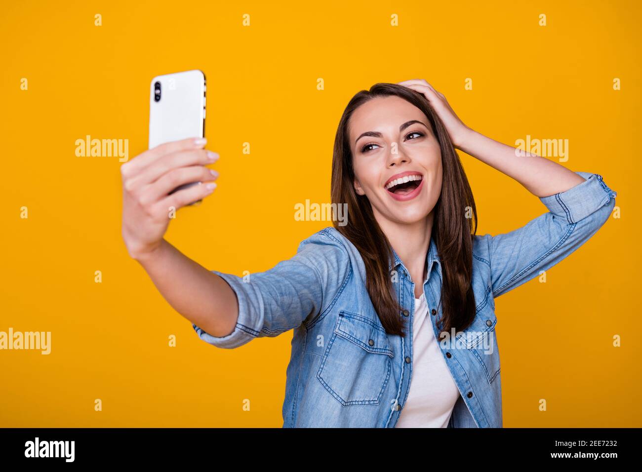 Photo Of Attractive Funny Cheerful Lady Good Mood Hold Telephone Make