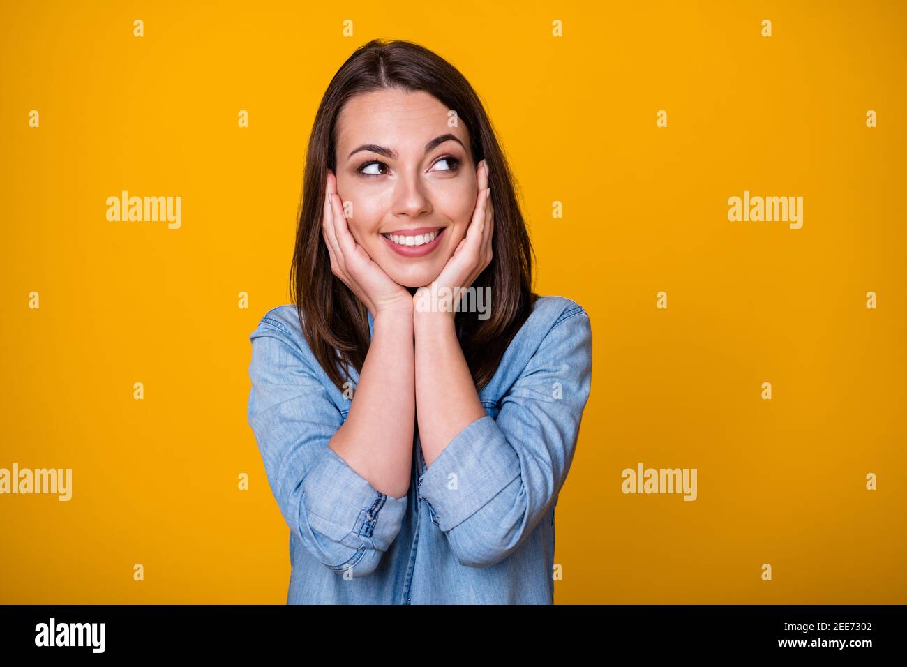 Photo of attractive cheerful funny lady good mood beaming smile look ...