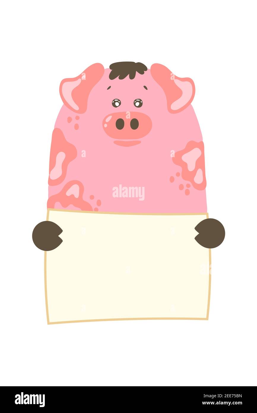 Cute cartoon pig piggy animal holding tag sign with copy space. set ...